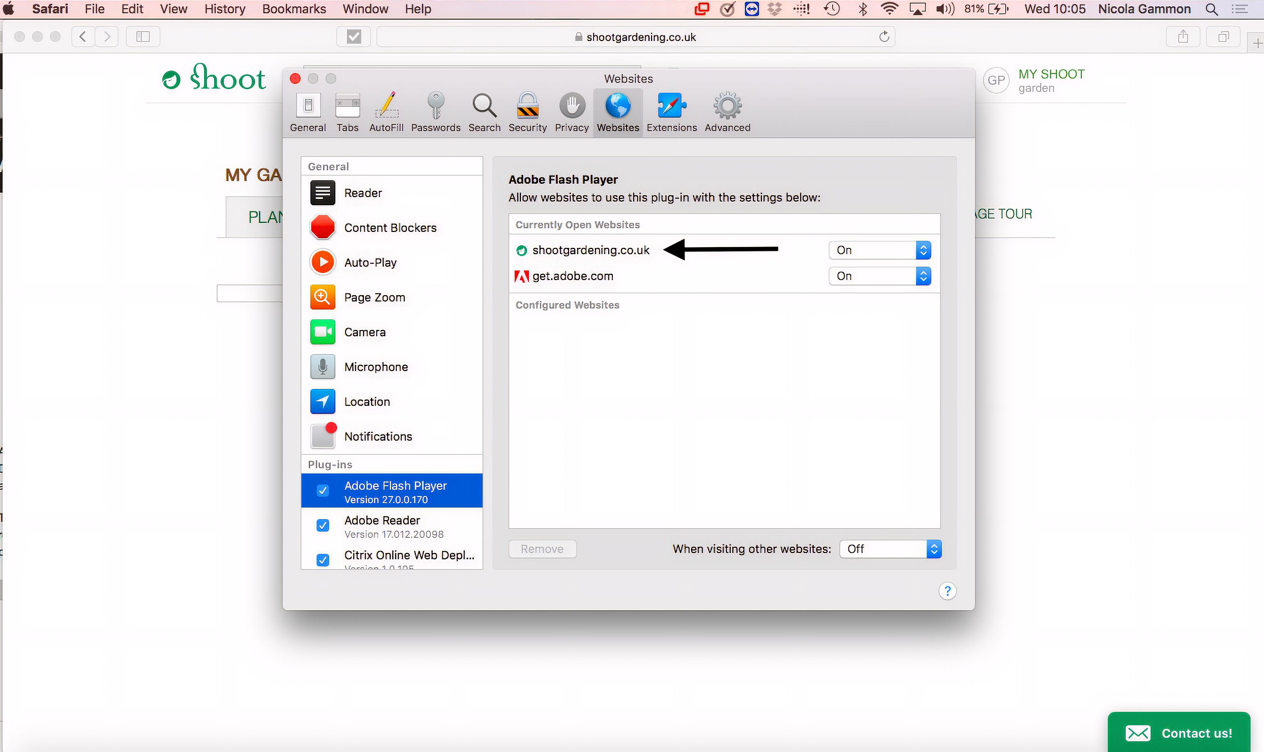 Safari preferences for Adobe Flash
